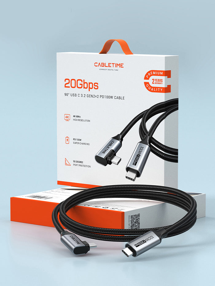 90 Degree Right Angle USB C to USB C Cable 20Gbps 100W 4K - CABLETIME