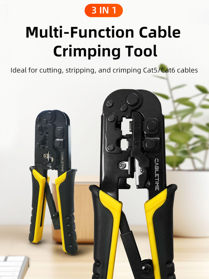 RJ45 Crimping Tool for Cat5/Cat6 – 3-in-1 Cutter, Stripper & Crimper